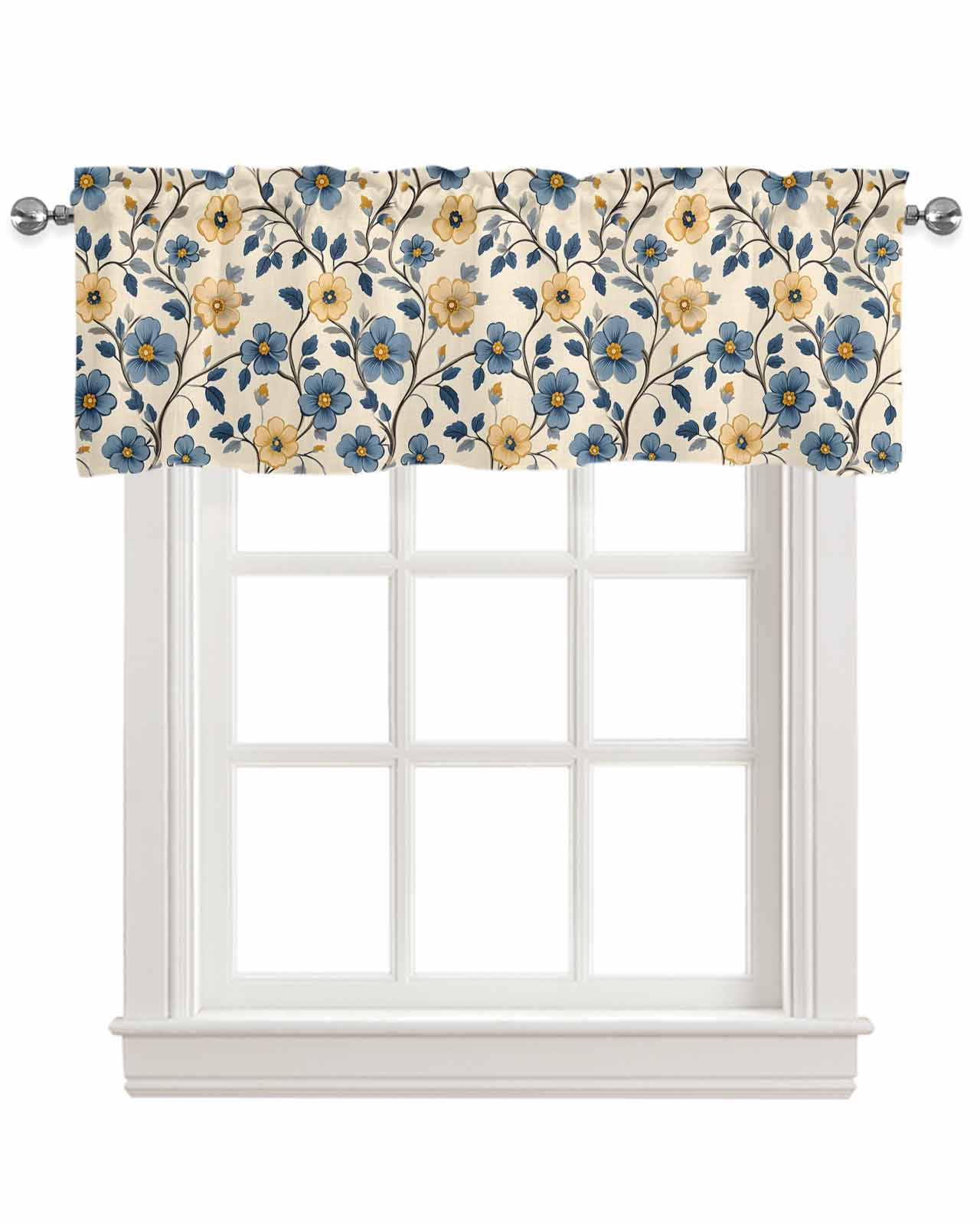 Blue Yellow Spring Floral Kitchen Valances for Windows Farmhouse Linen ...