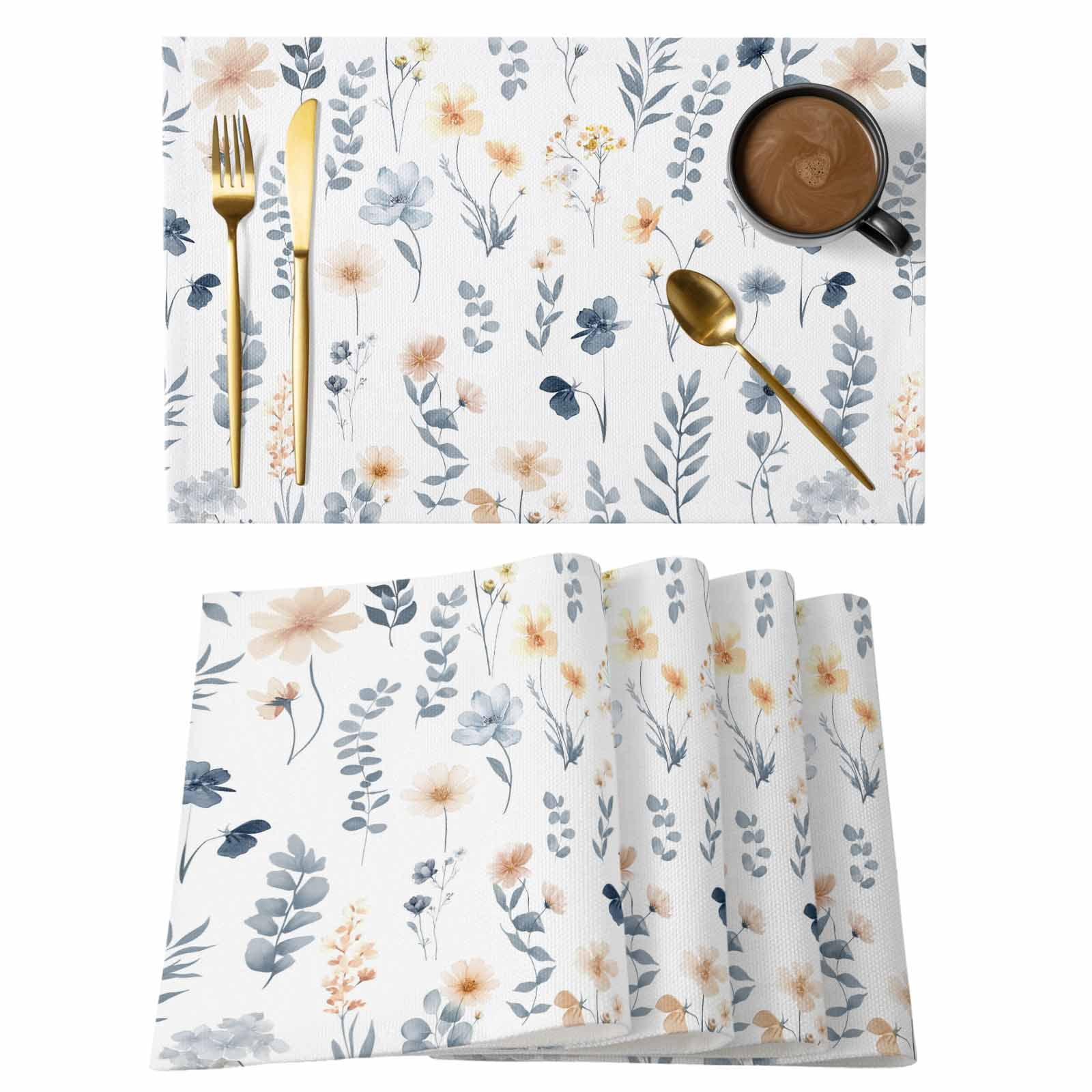 Blue Yellow Spring Floral Placemats Set of 12 Watercolor Botanical ...