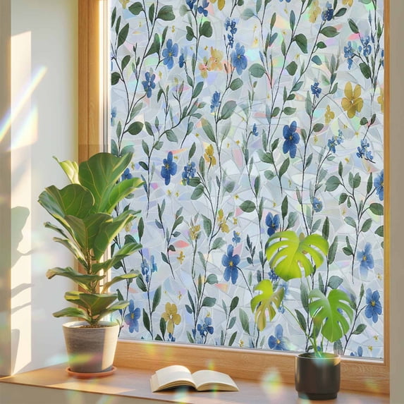 Blue Yellow Spring Floral Privacy Window Film, Decorative Stained Glass ...
