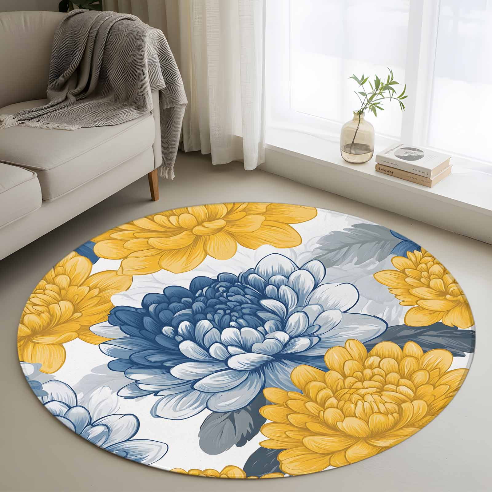 Blue Yellow Spring Floral Round Rug 3.3ft Washable Circle Entryway Rugs ...