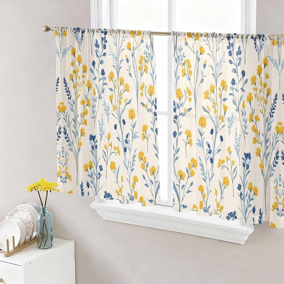 Blue Yellow Spring Floral Semi Sheer Curtains 45 Inch Length 2 Panels ...