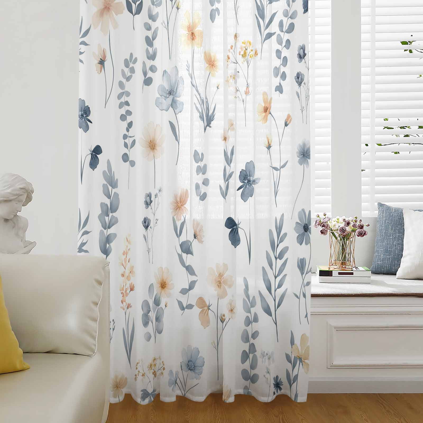 Blue Yellow Spring Floral Semi Sheer Curtains Drapes for Living Room ...