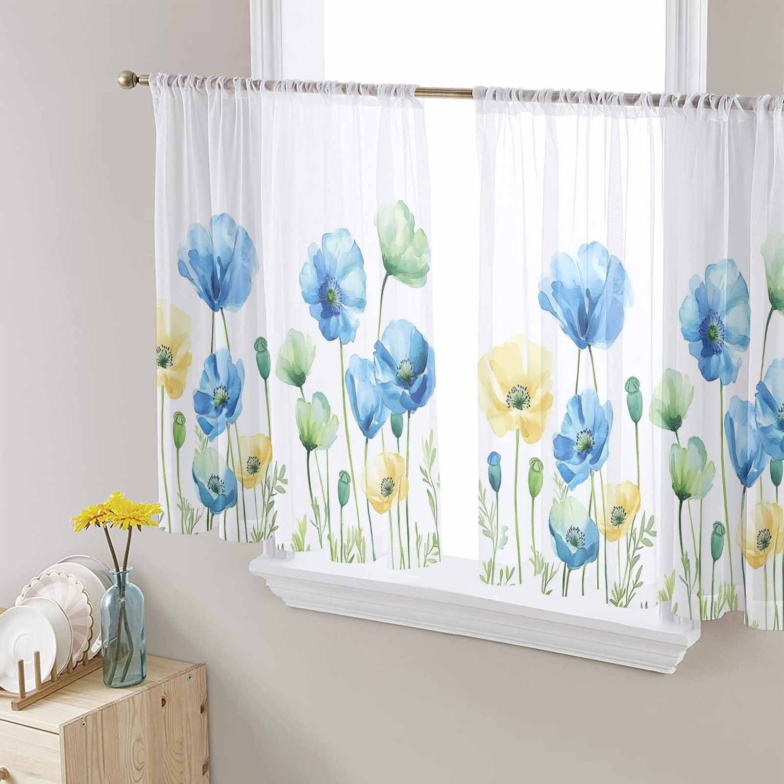 Blue Yellow Spring Floral Sheer Curtains 54 Inch Length 2 Panels Set ...