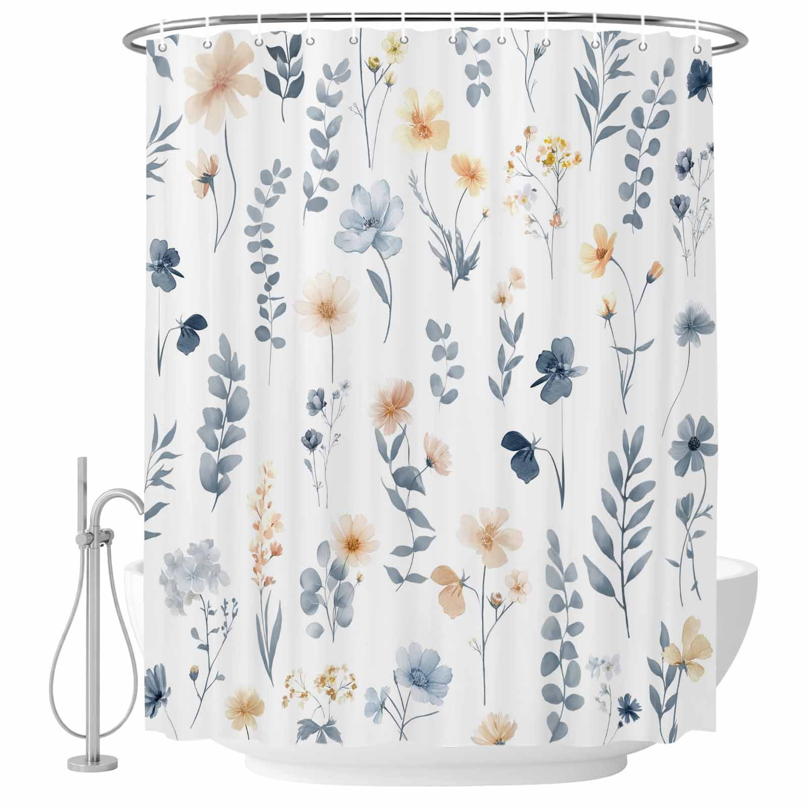 Blue Yellow Spring Floral Shower Curtain Set - 72" x 78" Washable ...