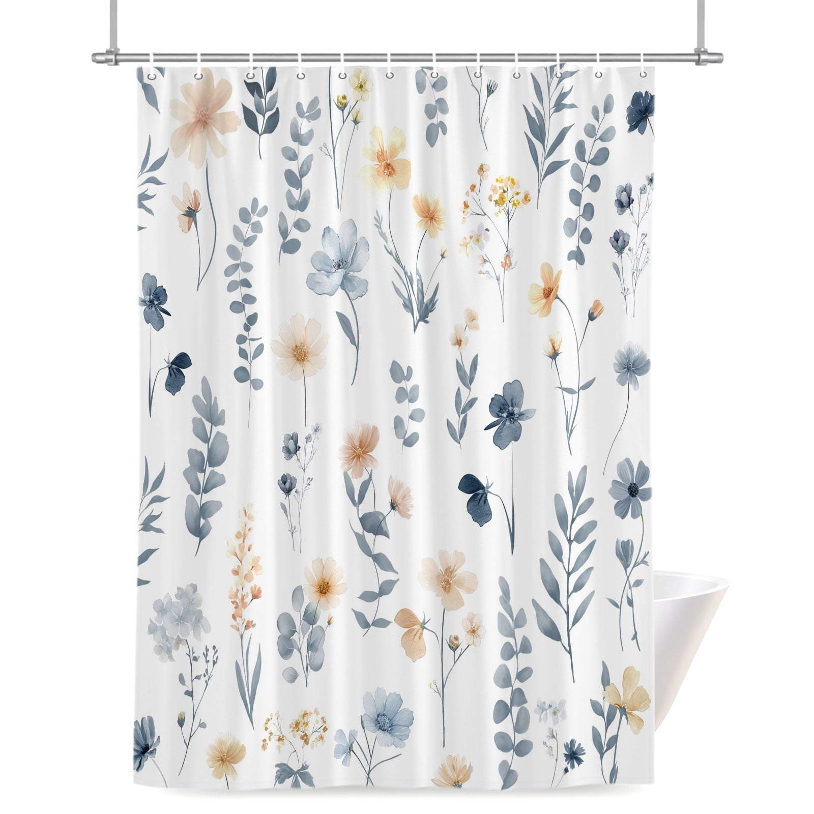 Blue Yellow Spring Floral Shower Curtains for Bathroom, Watercolor ...
