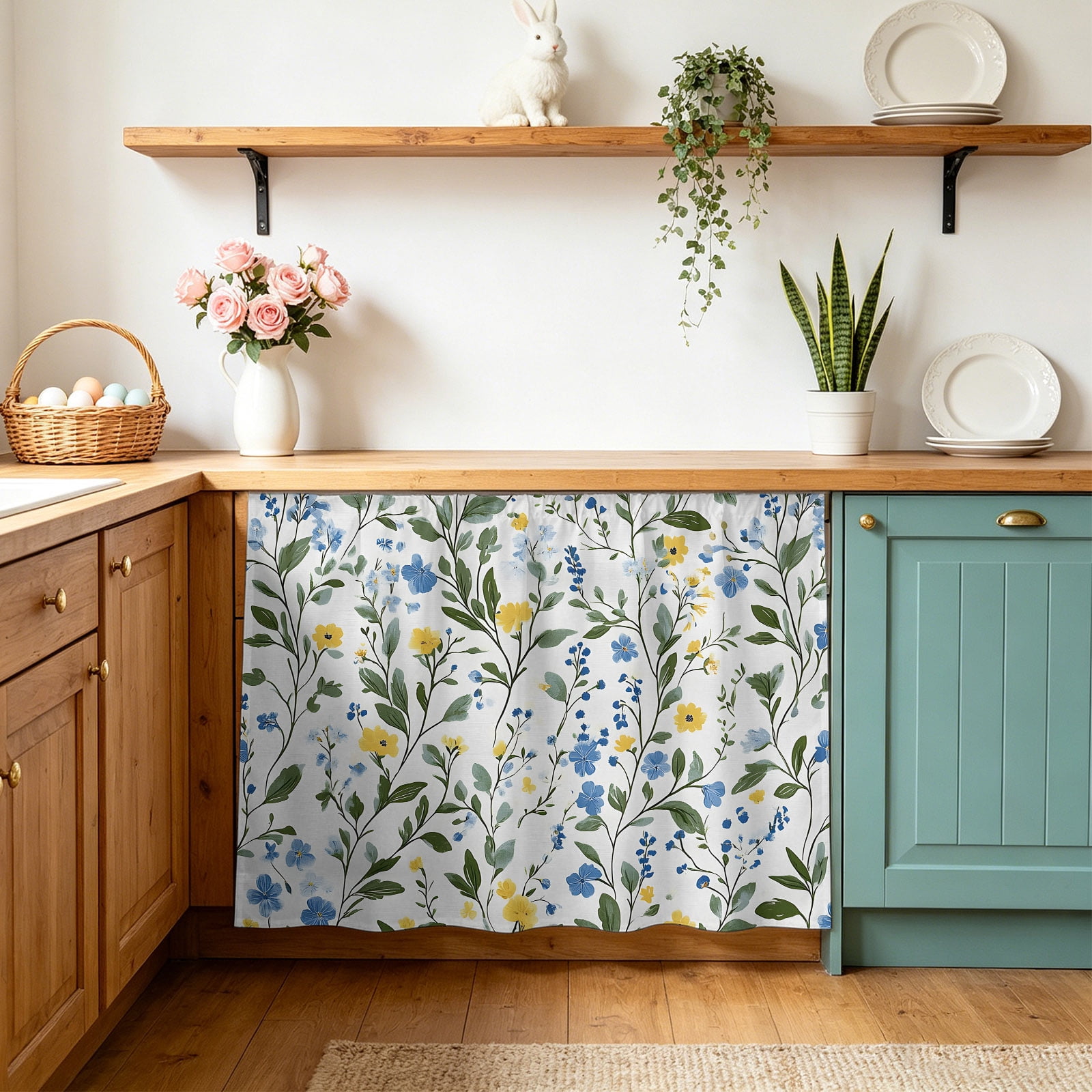 Blue Yellow Spring Floral Small Sink Skirt 10"Wx11"L,Dustproof Under ...