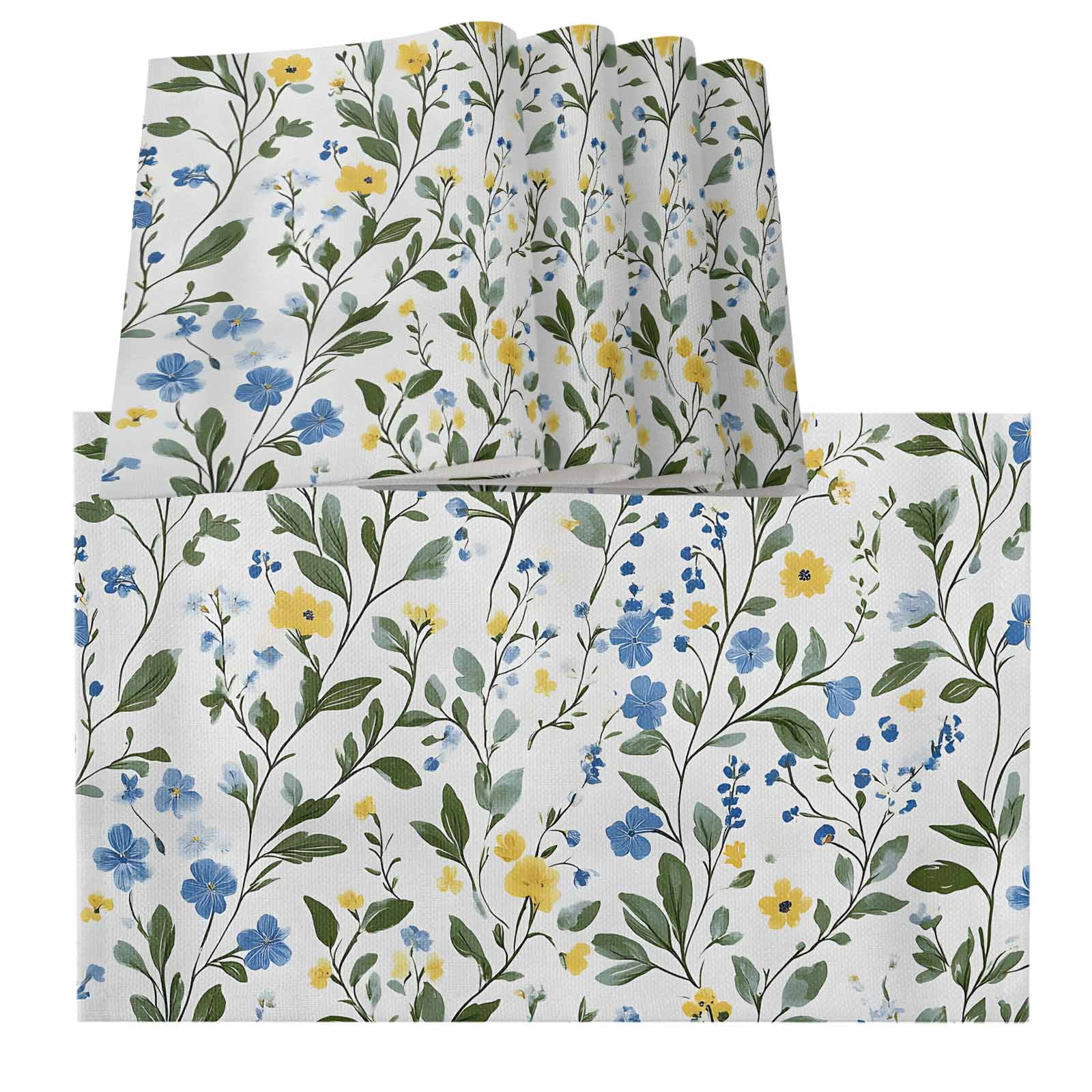 Blue Yellow Spring Floral Summer Elegant Botanical Green Burlap Kitchen ...