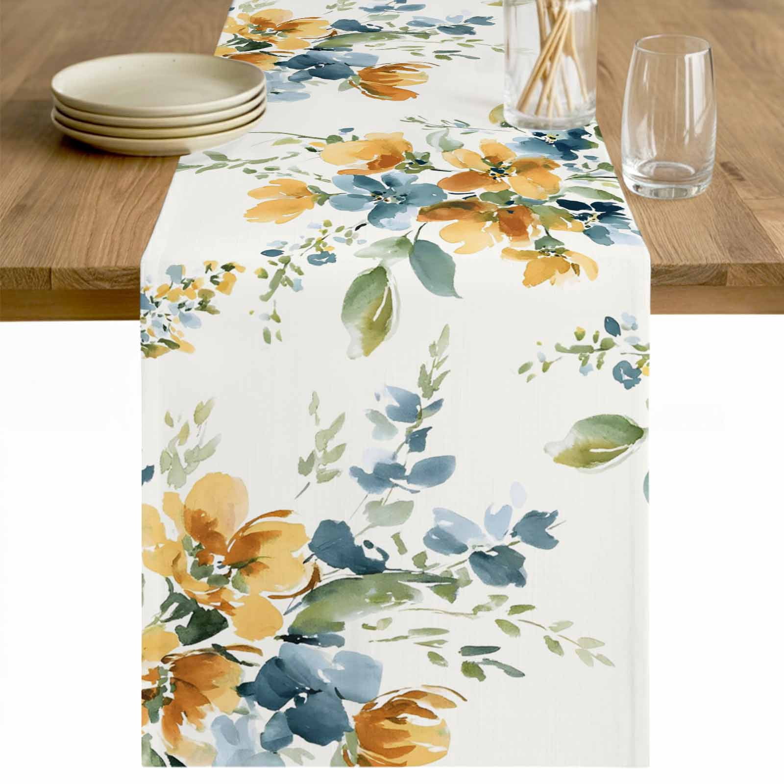 Blue Yellow Spring Floral Table Runner - 60 Inch Long Watercolor ...