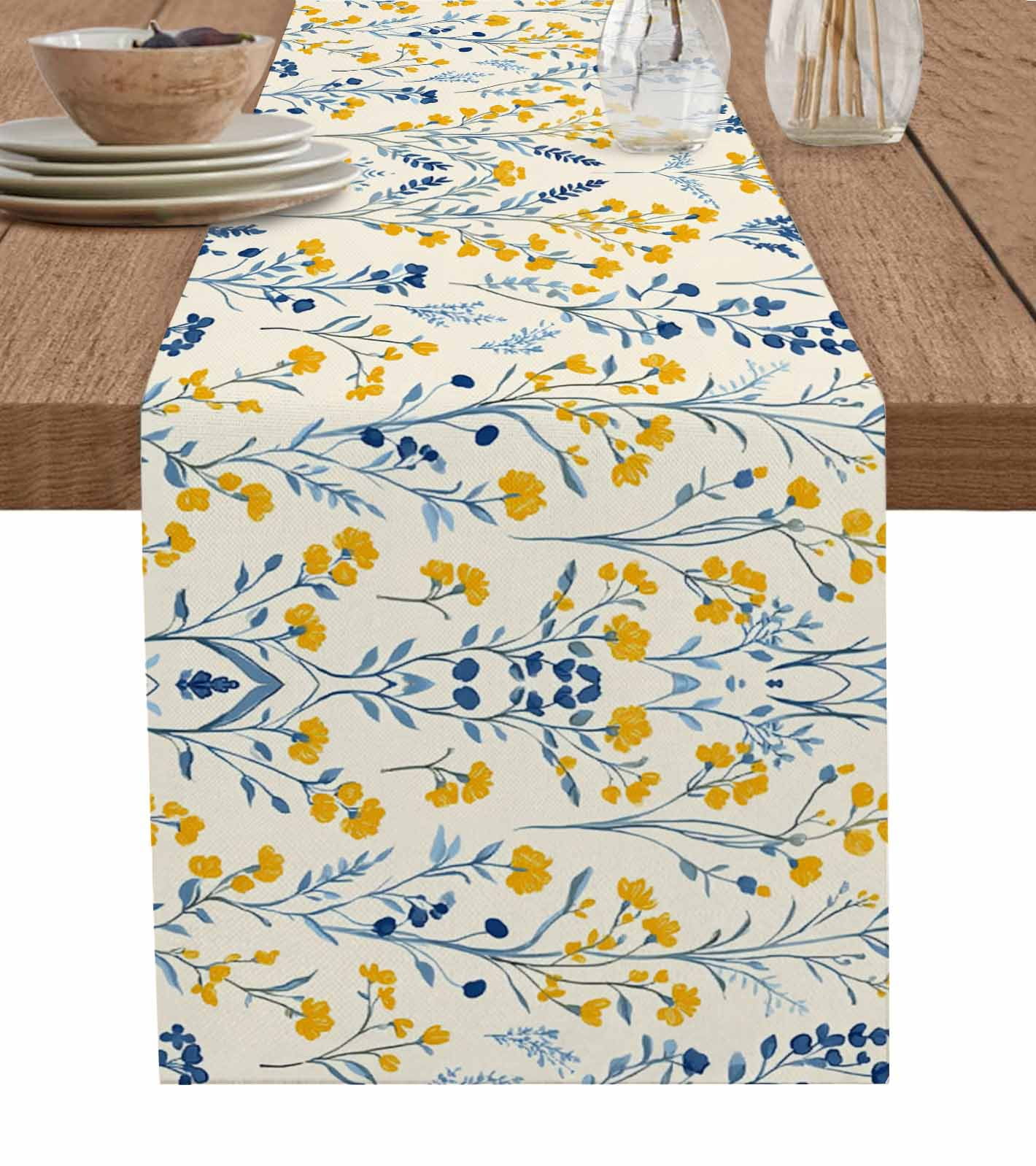Blue Yellow Spring Floral Table Runner 72 Inches, Summer Blooms ...