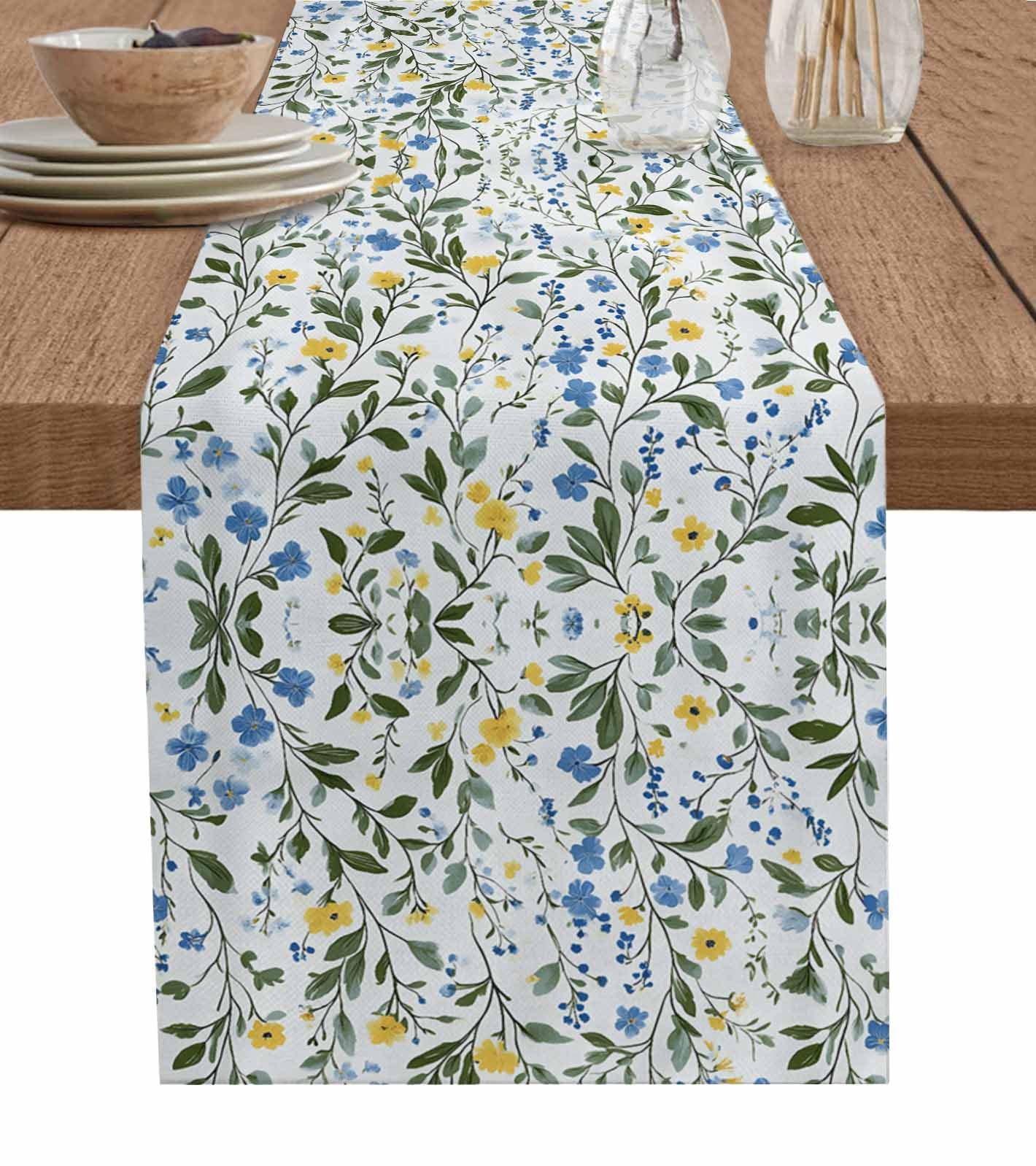 Blue Yellow Spring Floral Table Runner Summer Elegant Botanical Green ...