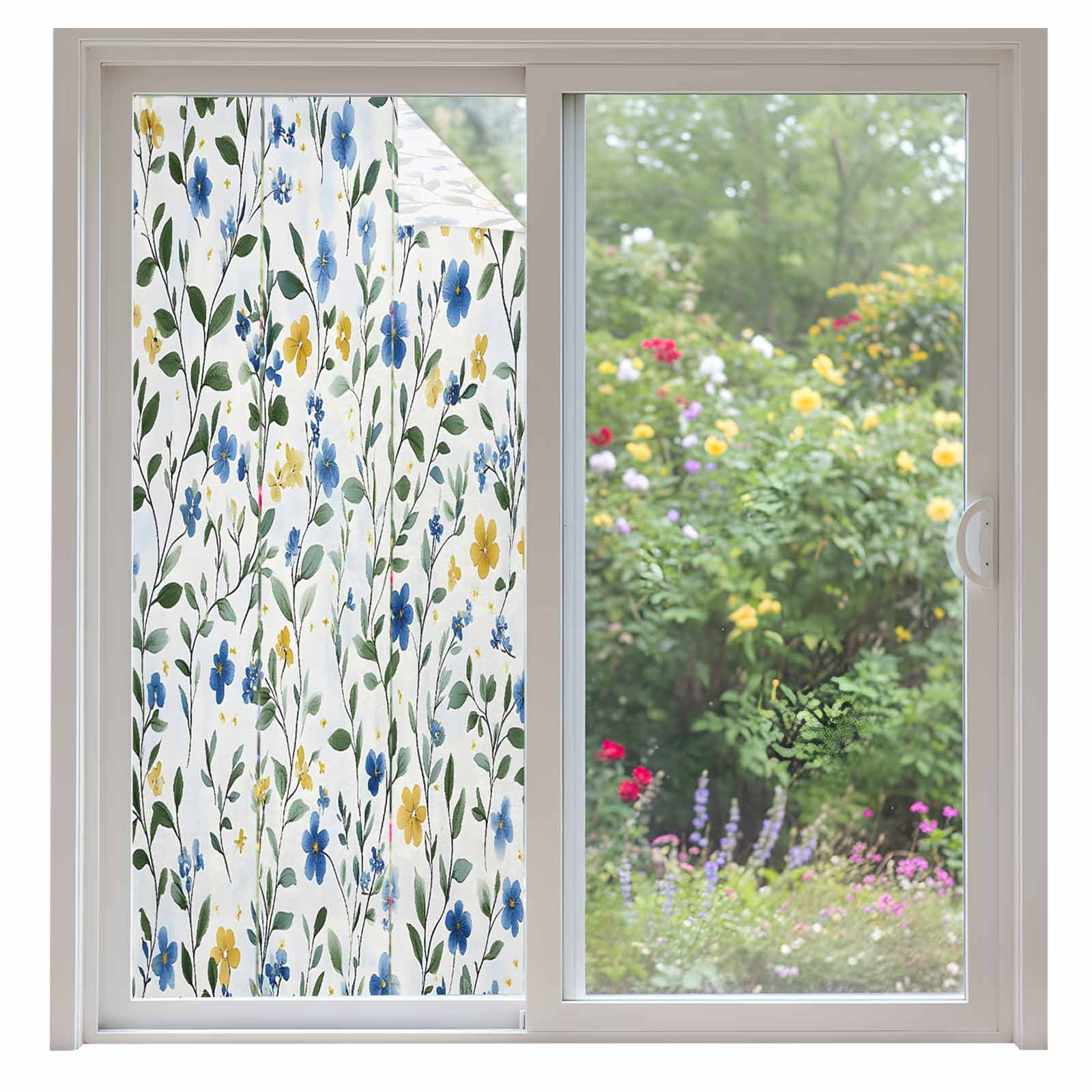 Blue Yellow Spring Floral Window Privacy Film, Elegant Summer Botanical ...
