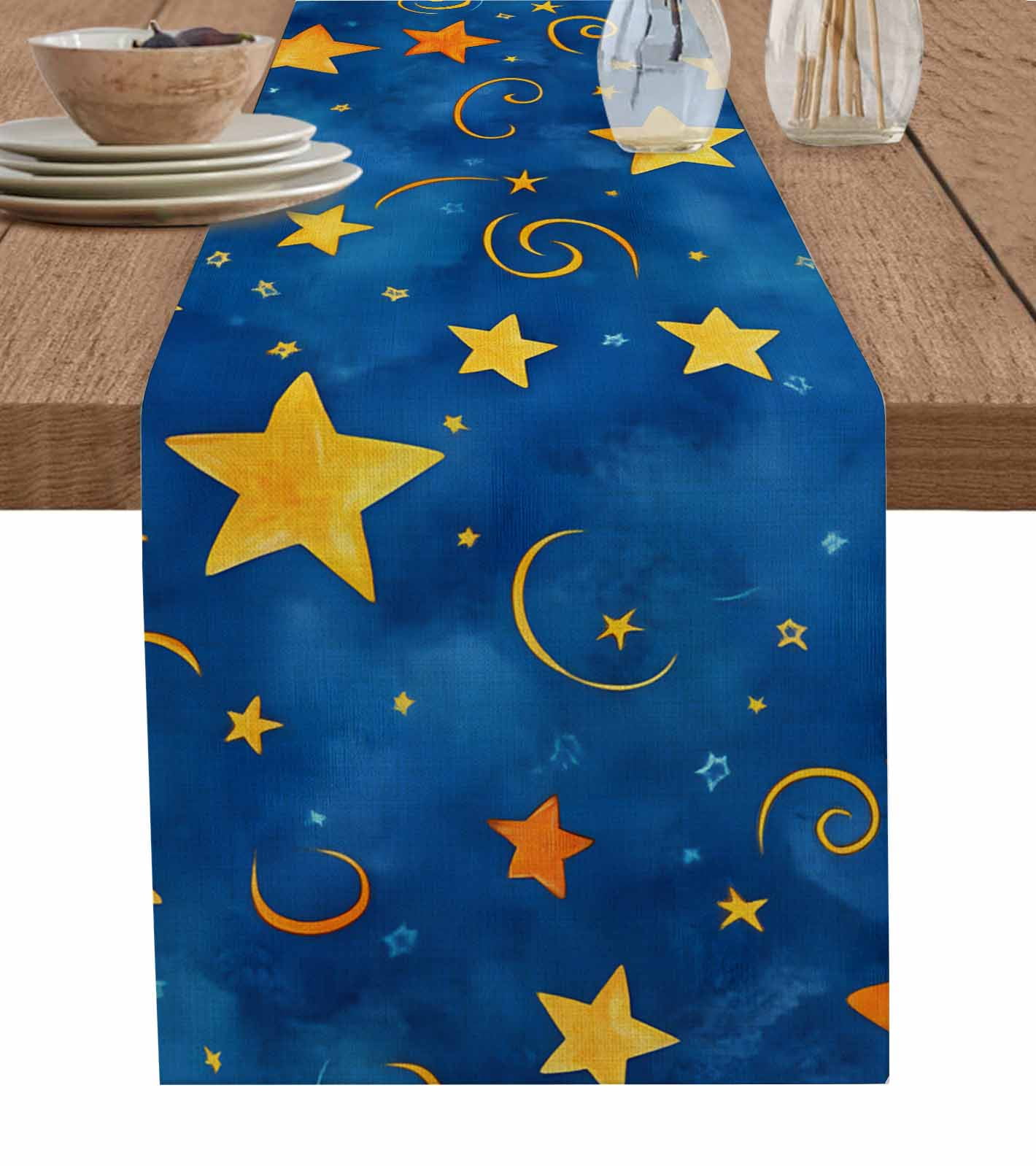 Blue Yellow Star Burlap Cotton Table Runner 13x48 Inches Long, Starry ...