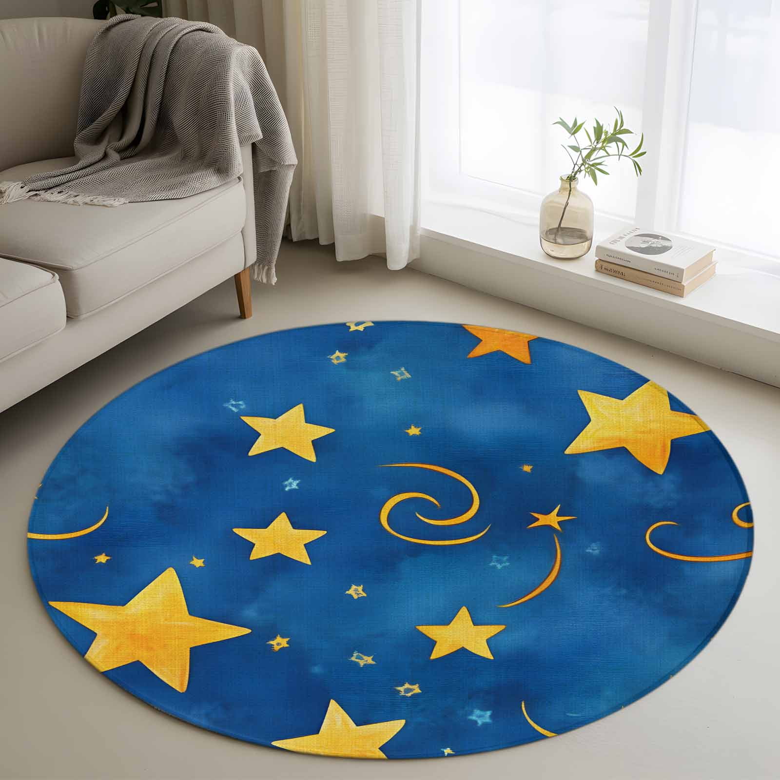 Blue Yellow Star Round Rug 4ft Washable Circle Entryway Rugs Non Slip ...