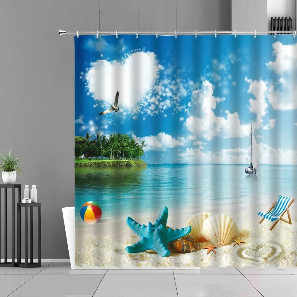 Blue Yellow Starfish Children Shower Curtain Coconut Tree Beach Sea ...