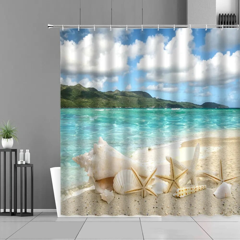 Blue Yellow Starfish Children Shower Curtain Coconut Tree Beach Sea ...