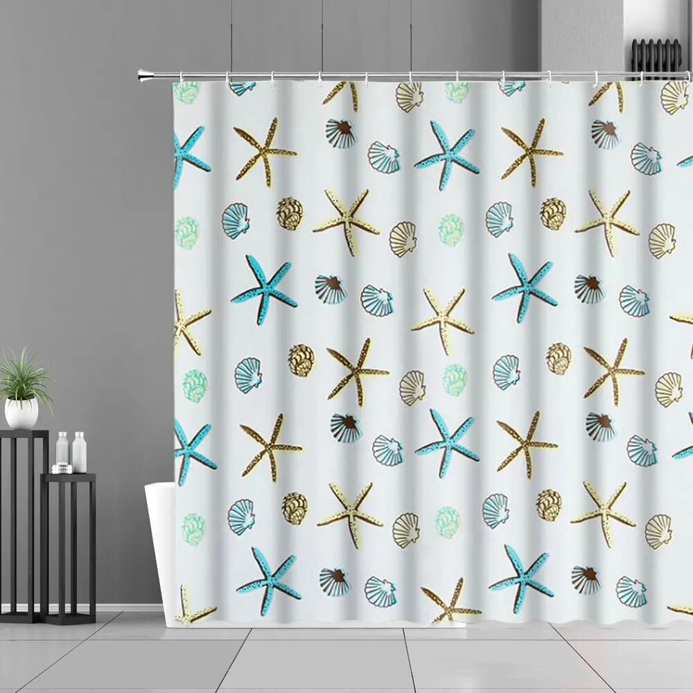 Blue Yellow Starfish Children Shower Curtain Coconut Tree Beach Sea ...