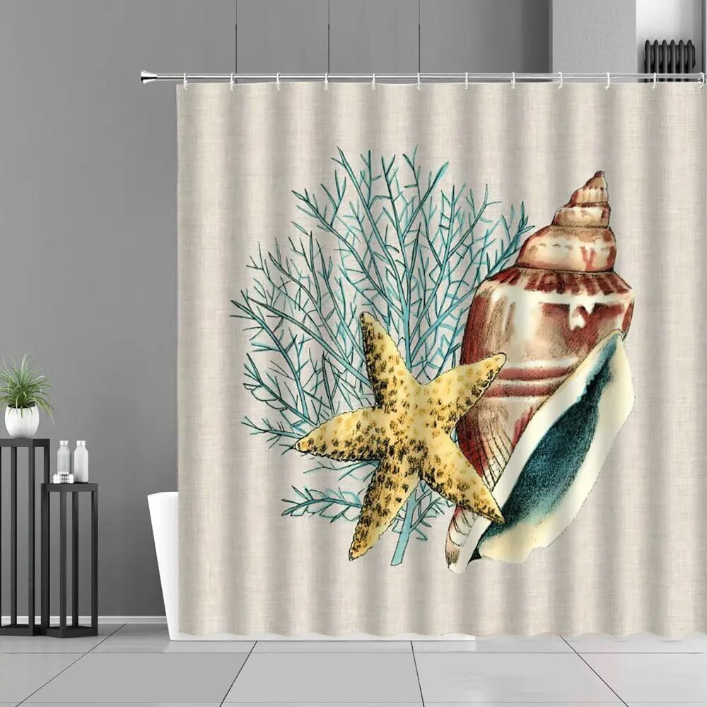 Blue Yellow Starfish Children Shower Curtain Coconut Tree Beach Sea ...