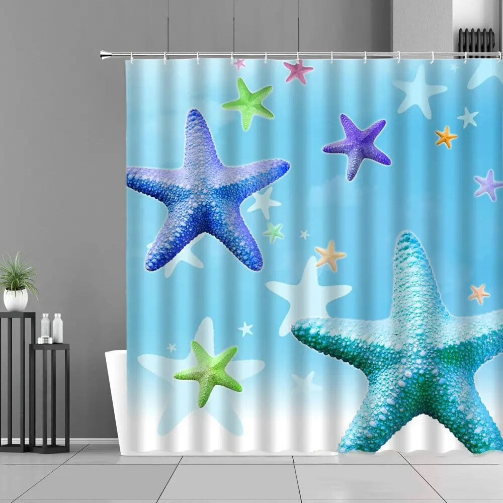 Blue Yellow Starfish Children Shower Curtain Coconut Tree Beach Sea ...