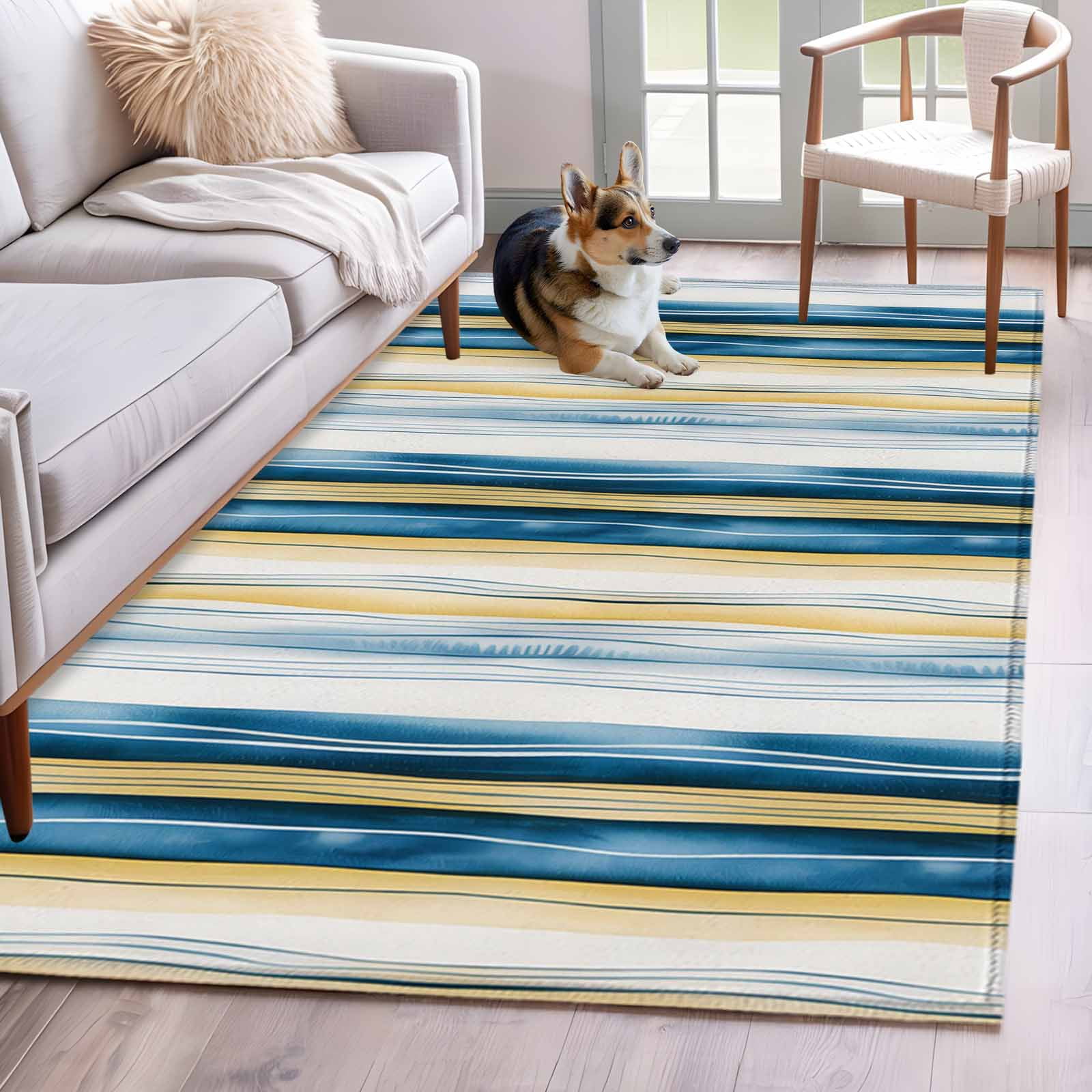Blue Yellow Striped Area Rug 3x5 Washable Rug Non Slip Modern Stripes ...