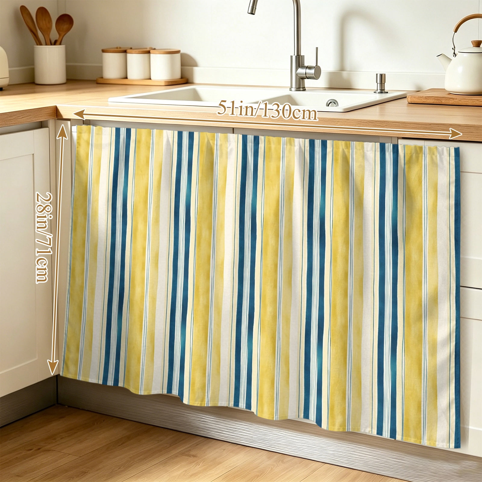 Blue Yellow Striped Cabinet Curtain 28"W x 51"L, Watercolor Modern ...