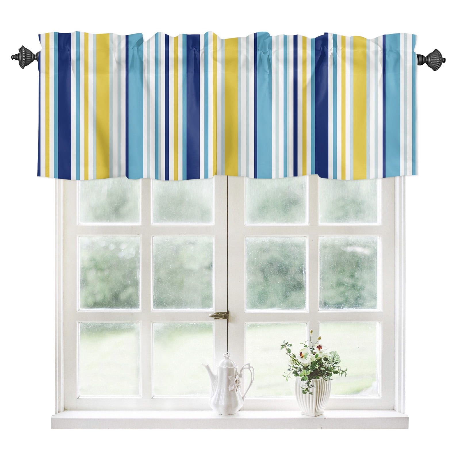 Blue Yellow Striped Kitchen Valances for Windows 42x18 Inch Kitchen ...