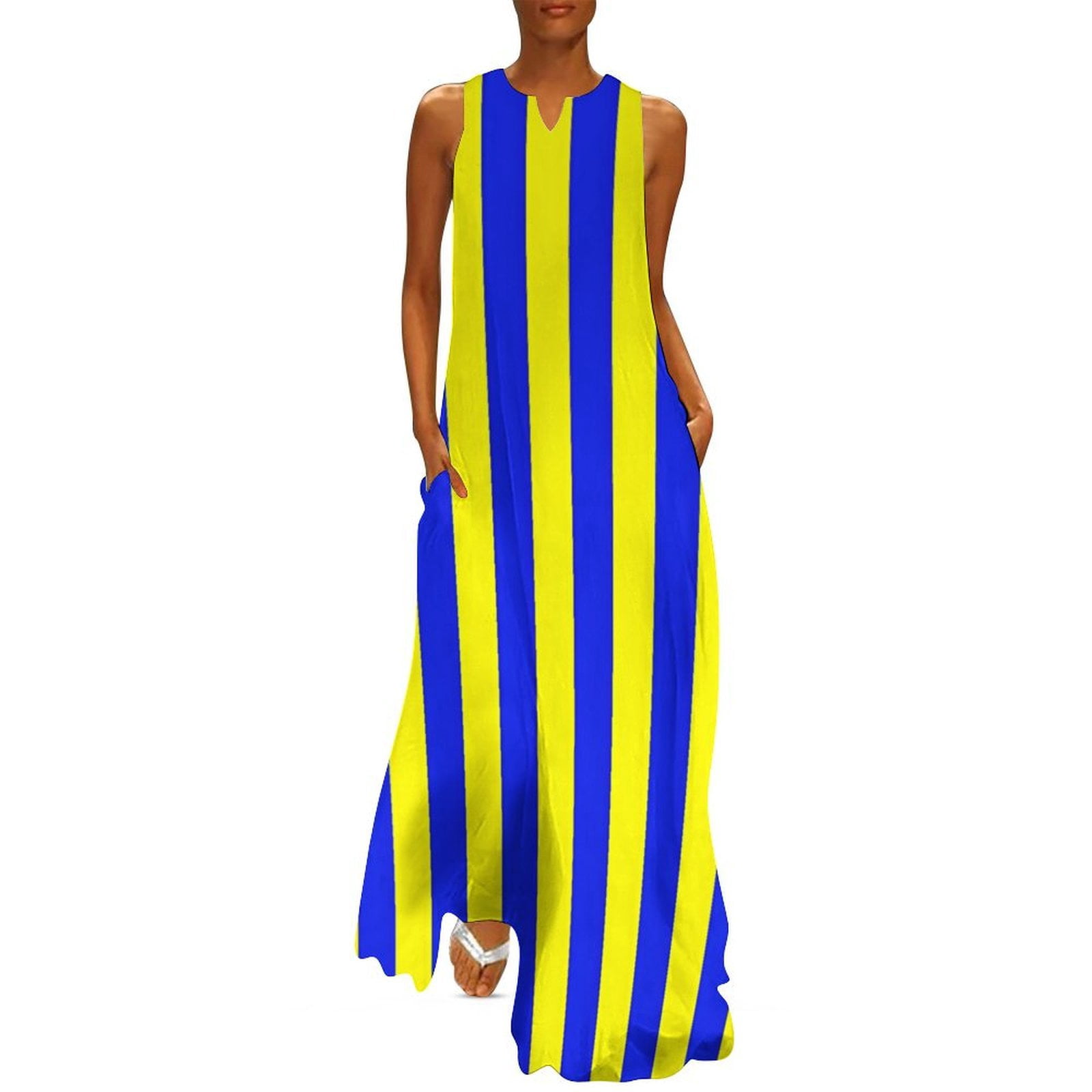 Blue Yellow Striped Pattern Long Dress dress women summer dress for ...