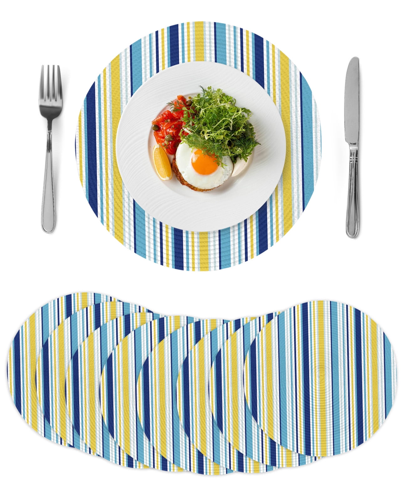 Blue Yellow Striped Round 13 Inch Placemats Set of 8, Farmhouse Navy ...