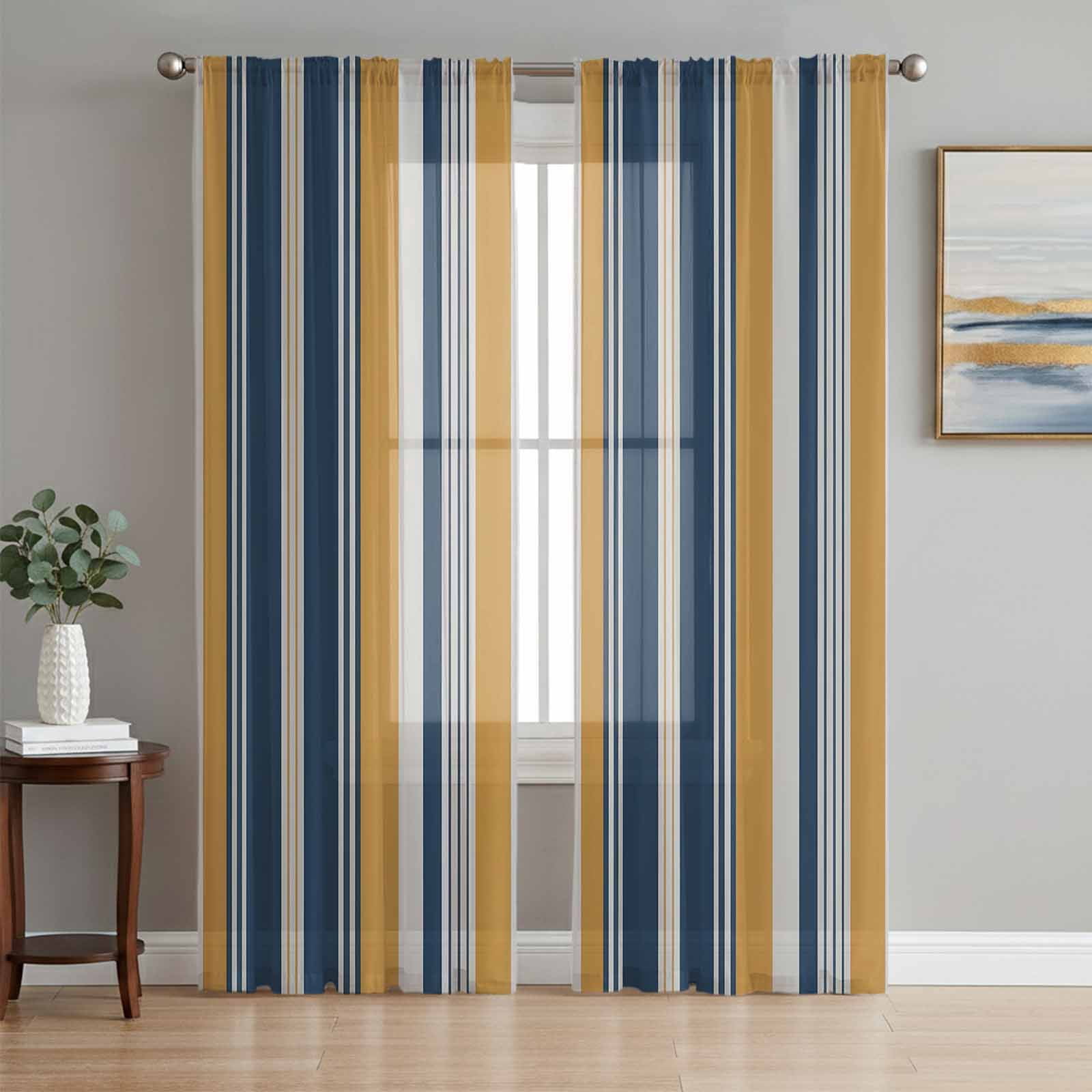 Blue Yellow Striped Semi Sheer Curtains 108 Inch Length 2 Panels Set ...