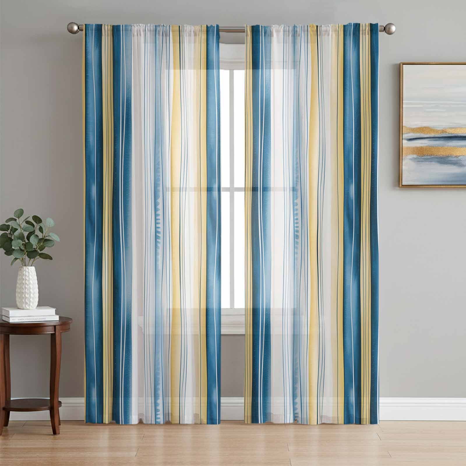 Blue Yellow Striped Semi Sheer Curtains 63 Inch Length 2 Panels Set ...
