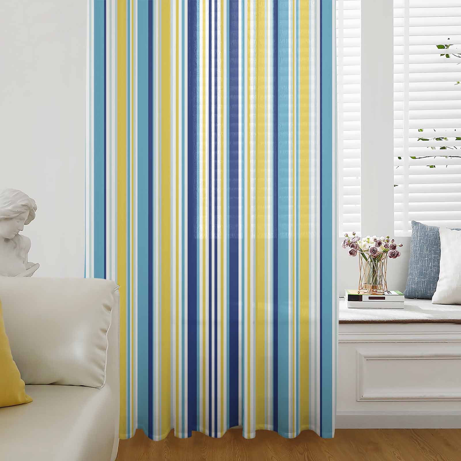 Blue Yellow Striped Semi Sheer Curtains Drapes for Living Room, Bedroom ...