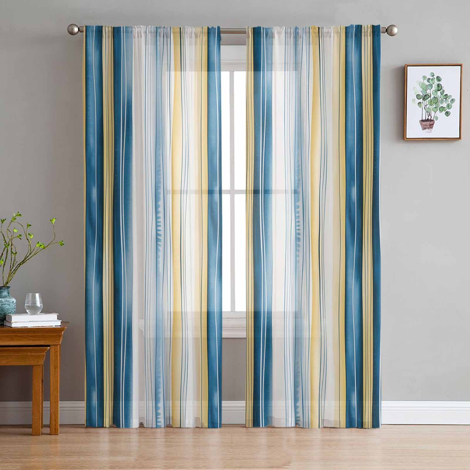 Blue Yellow Striped Sheer Curtains 63 Inches Length 2 Panels Set ...