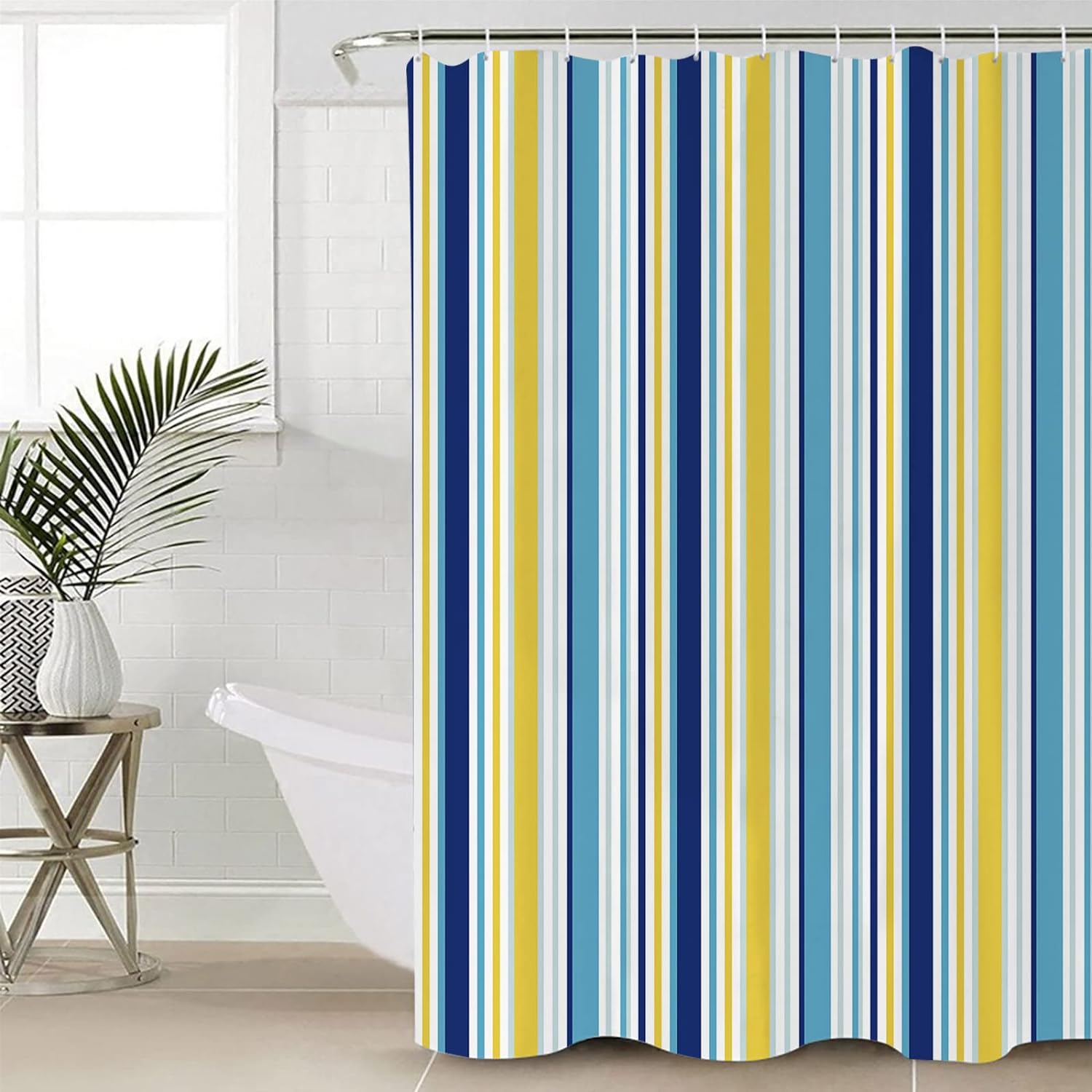 Blue Yellow Striped Shower Curtain Set,Washable Bathtub Curtain with ...