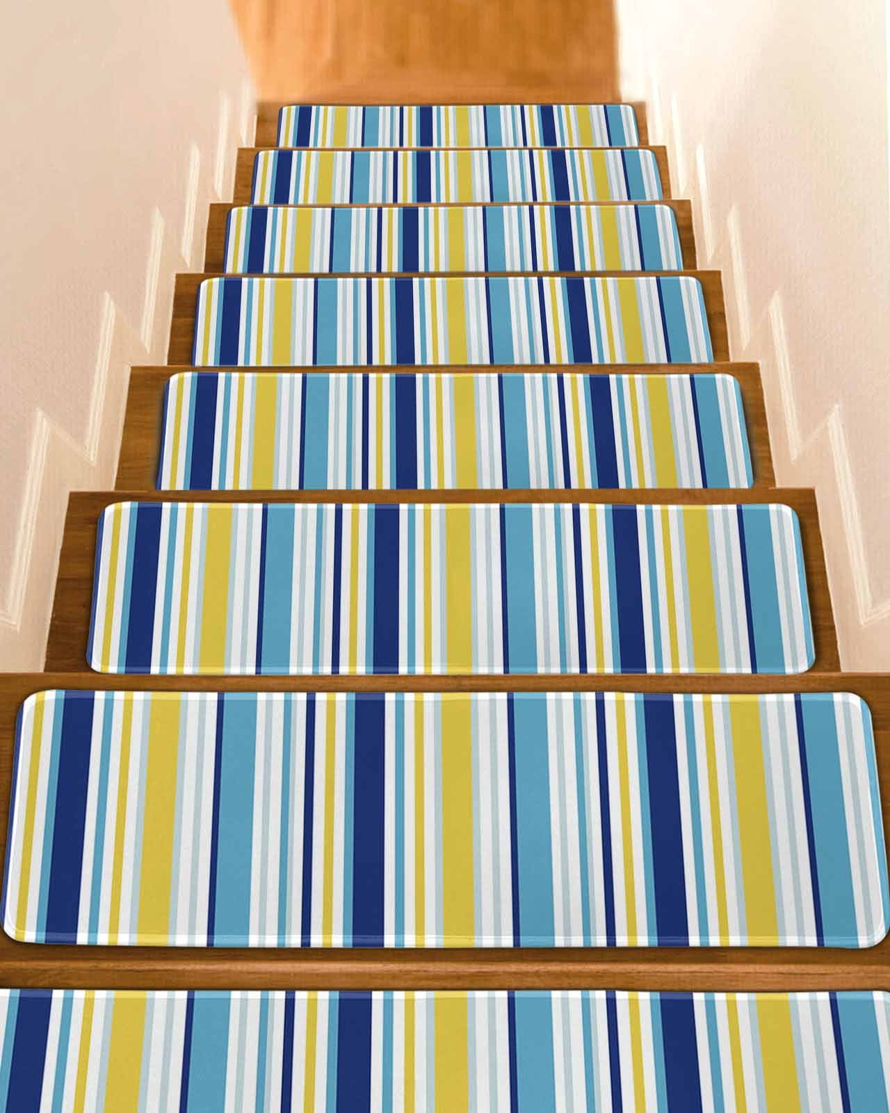 Blue Yellow Striped Stair Treads for Wooden Steps Indoor Runner Rug ...