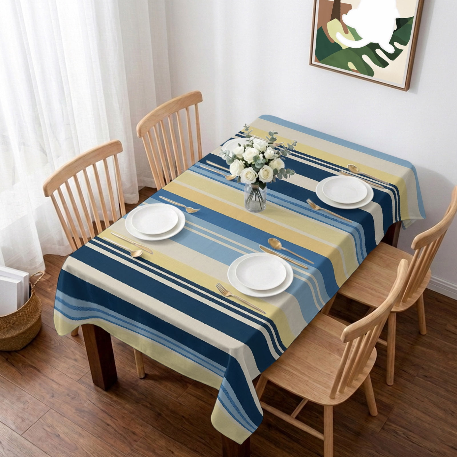 Blue Yellow Striped Table Cloth Waterproof Tablecloths, Farmhouse ...