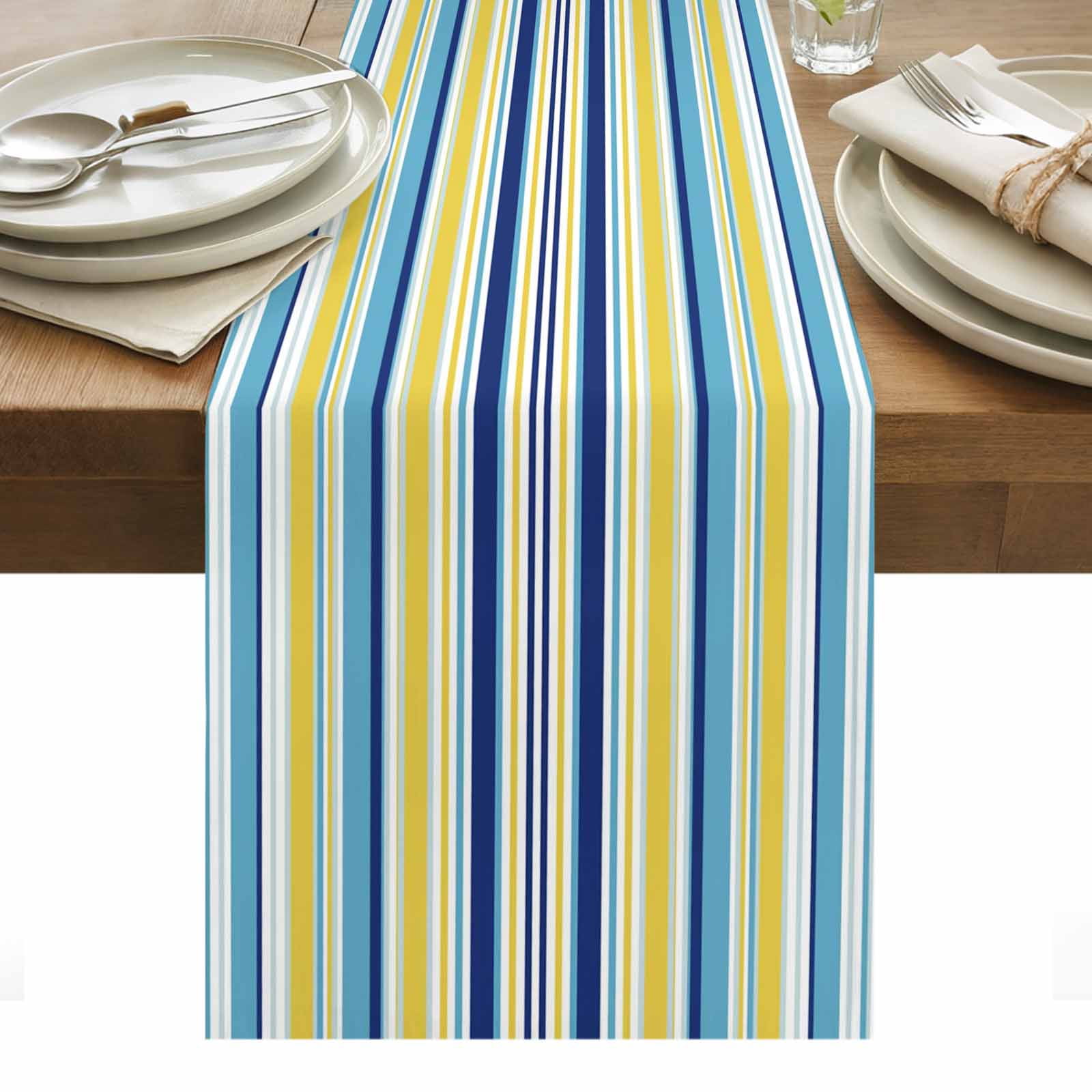Blue Yellow Striped Table Runner - 36 Inch Long, Kitchen Dining Table ...
