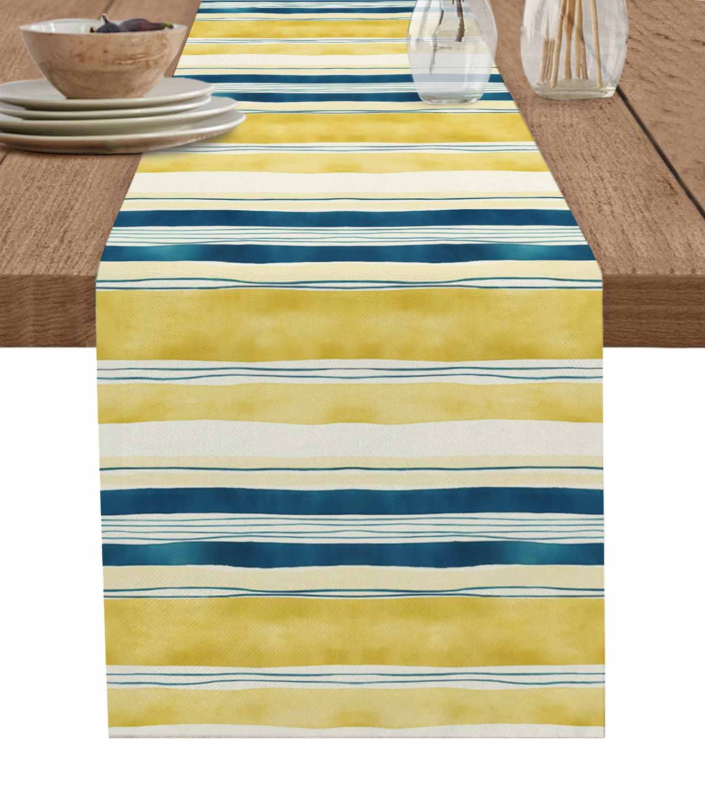 Blue Yellow Striped Table Runner 48 Inches, Watercolor Modern Stripes ...