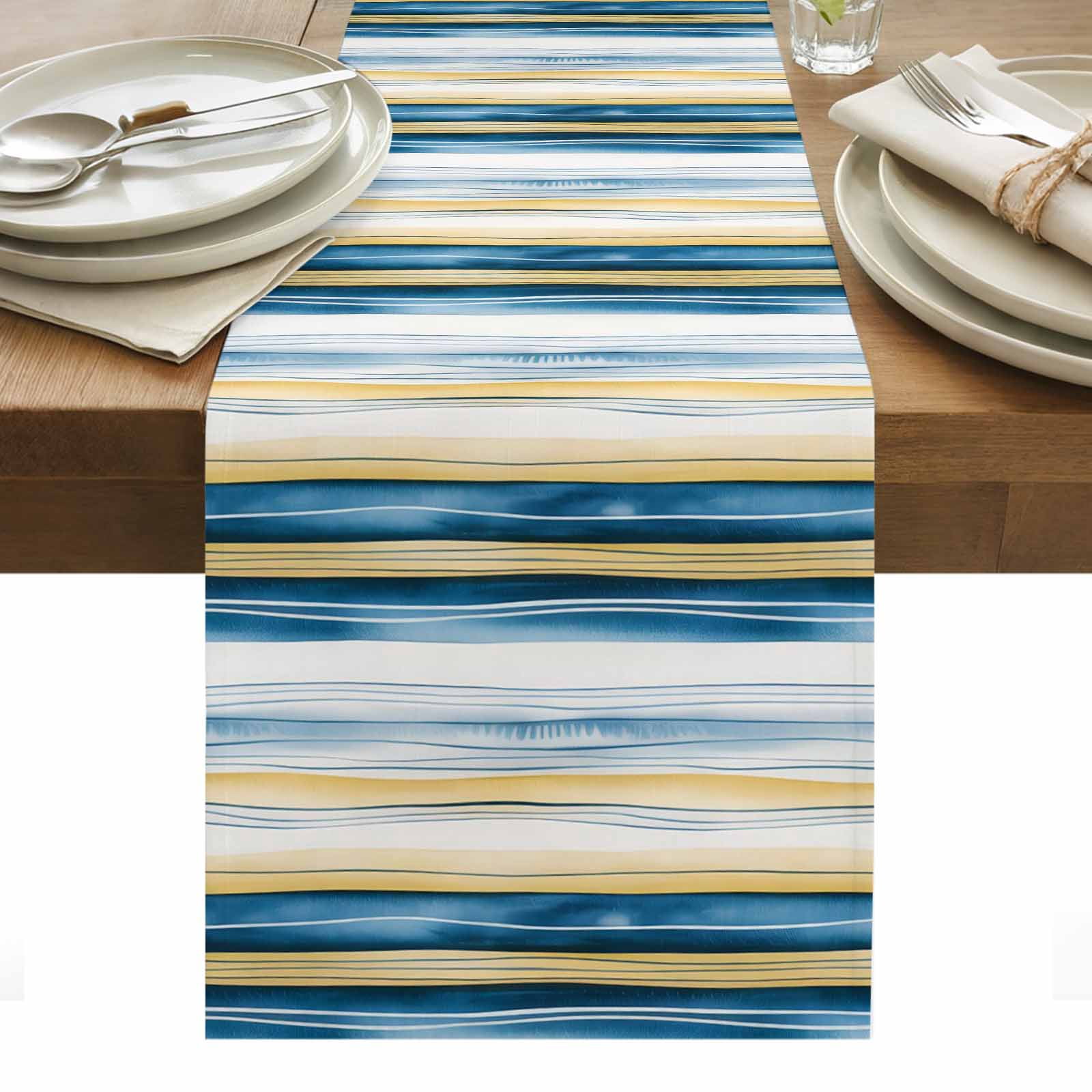 Blue Yellow Striped Table Runner - 60 Inch Long, Kitchen Dining Table ...