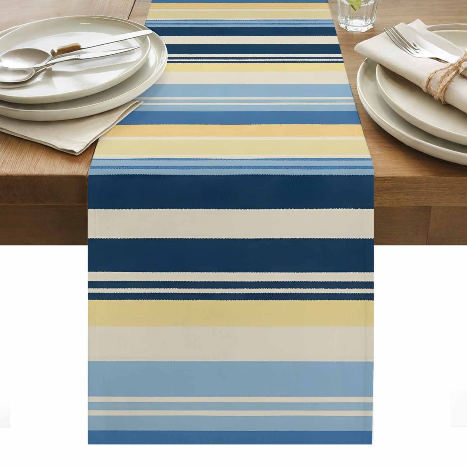 Blue Yellow Striped Table Runner - 90 Inch Long, Kitchen Dining Table ...