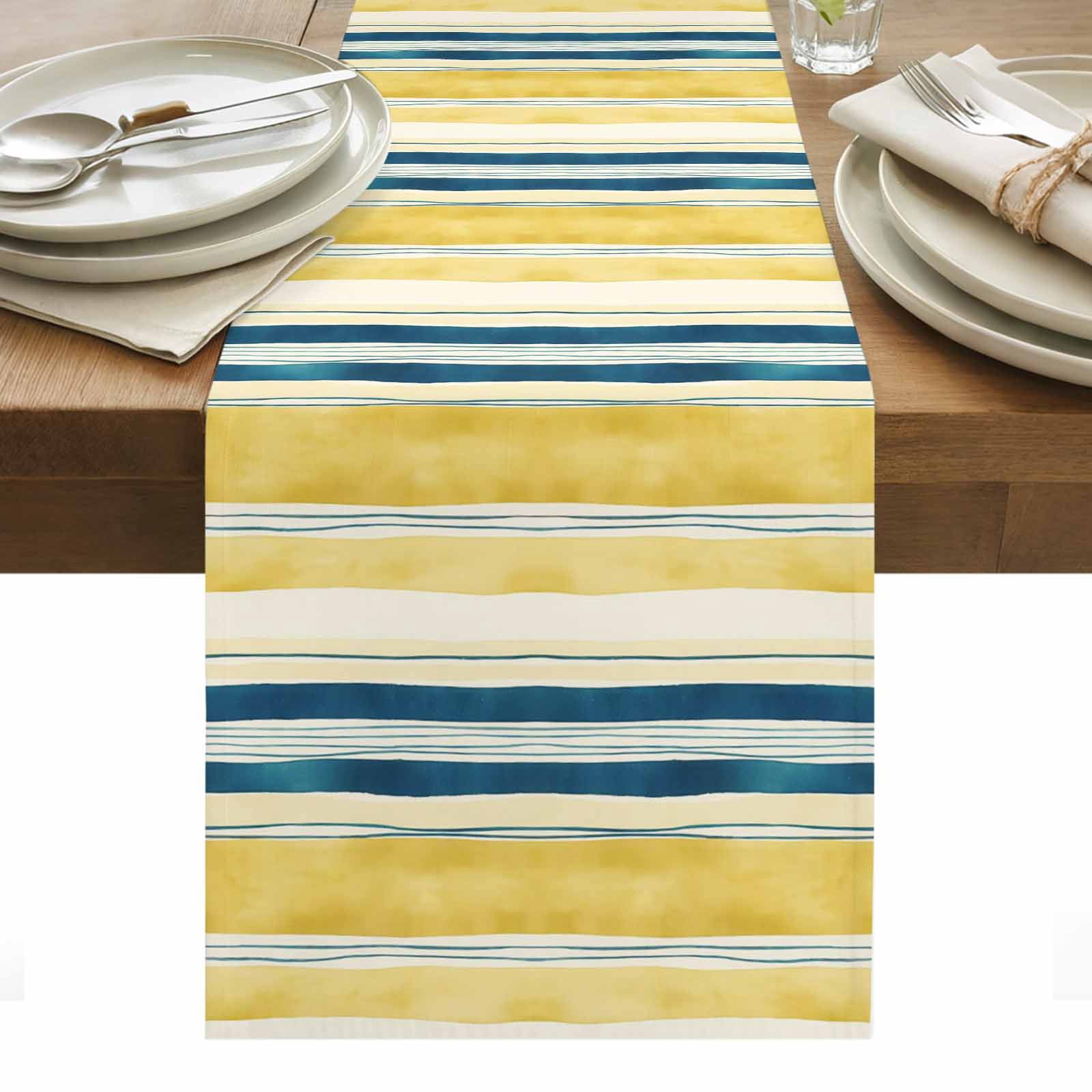 Blue Yellow Striped Table Runner - 90 Inch Long, Kitchen Dining Table ...