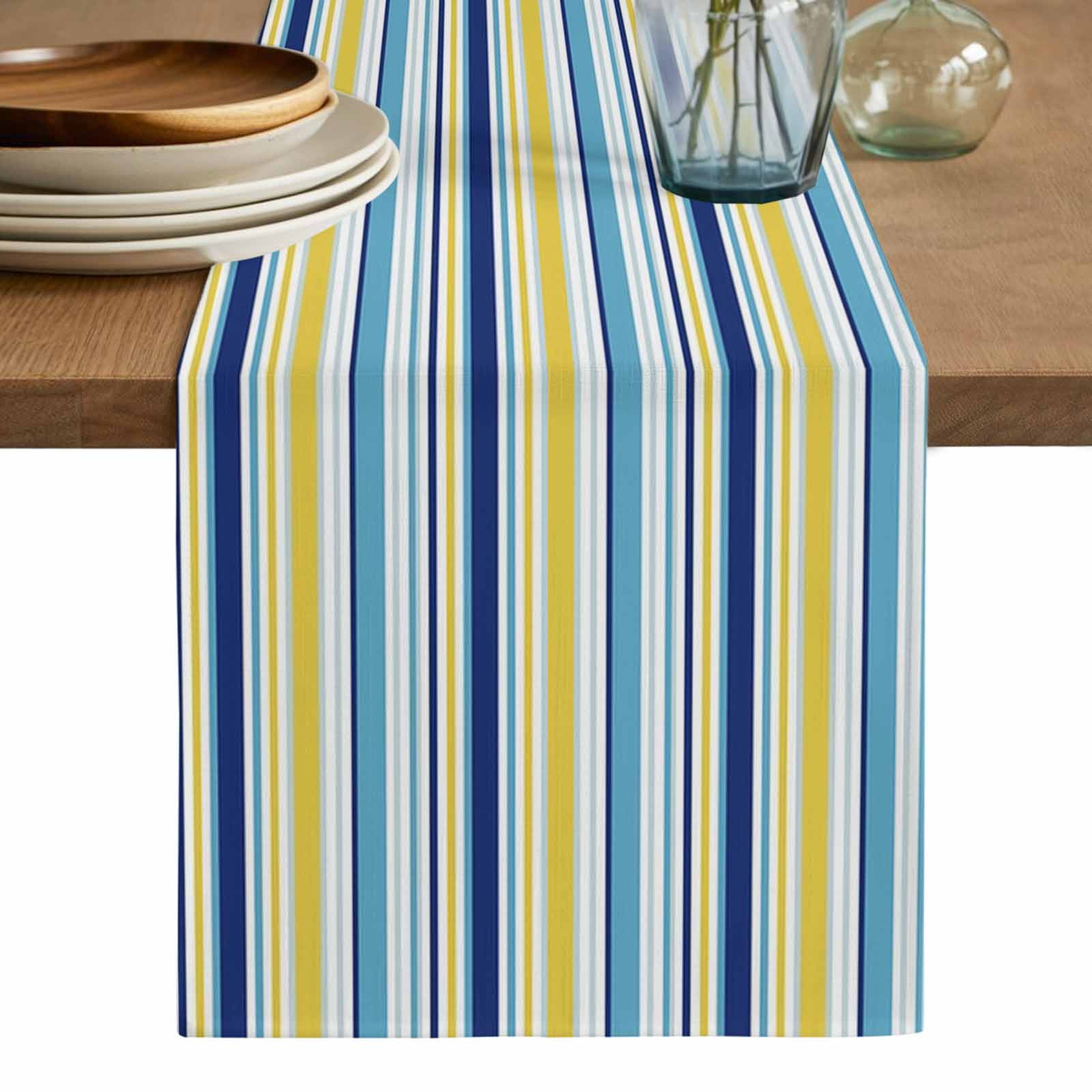 Blue Yellow Striped Table Runner, Farmhouse Navy Blue Ombre Stripes ...