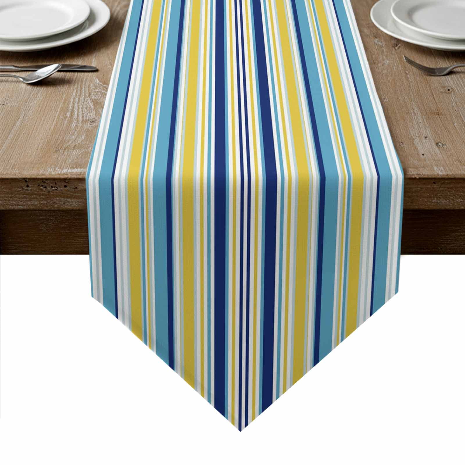 Blue Yellow Striped Table Runner Linen Burlap Table Runner 120 Inches ...