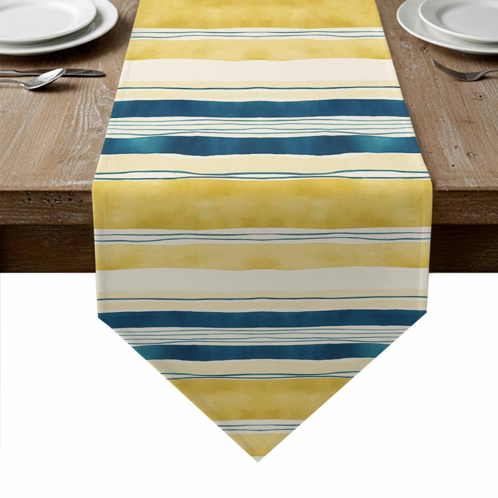 Blue Yellow Striped Table Runner Linen Burlap Table Runner 120 Inches ...