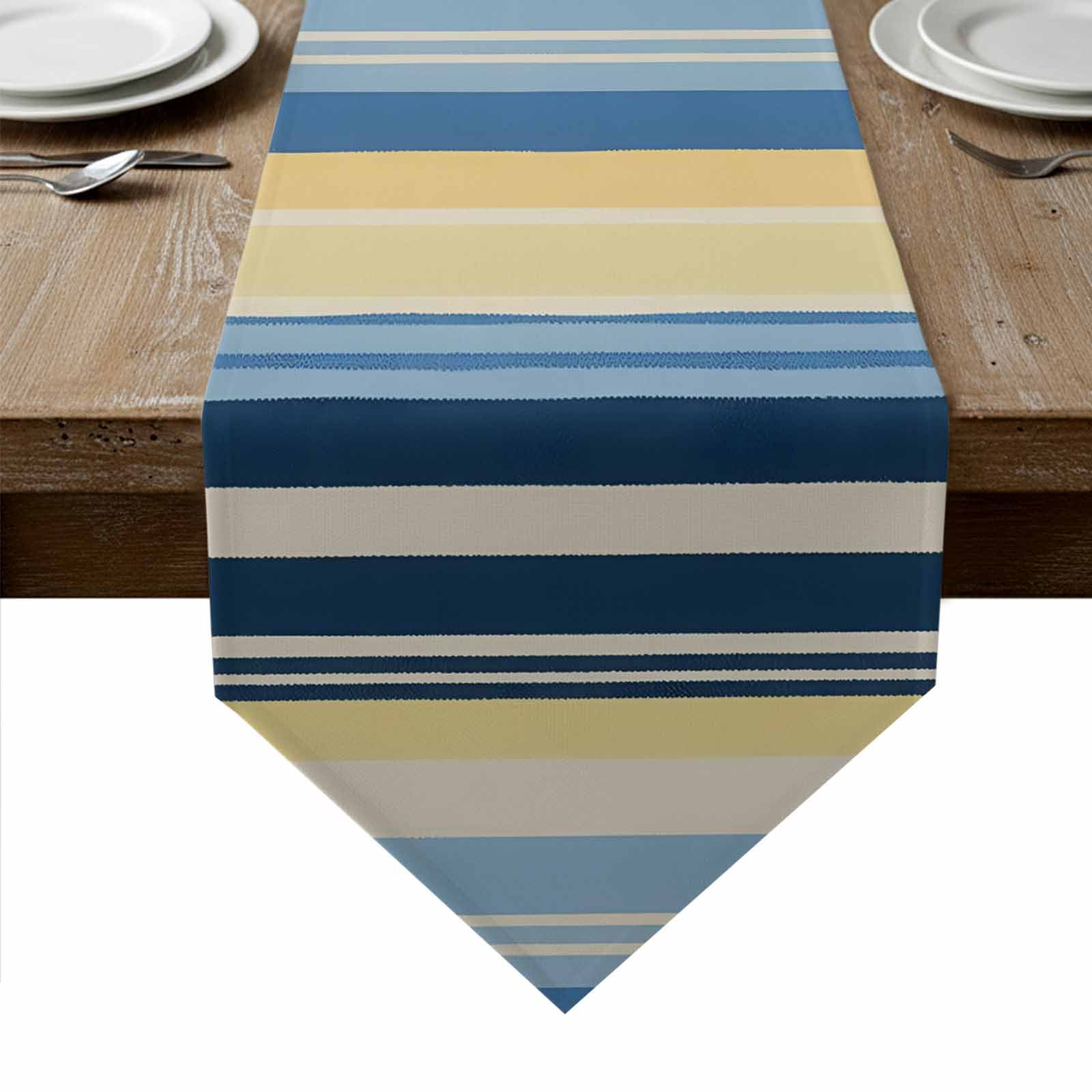 Blue Yellow Striped Table Runner Linen Burlap Table Runner 48 Inches ...