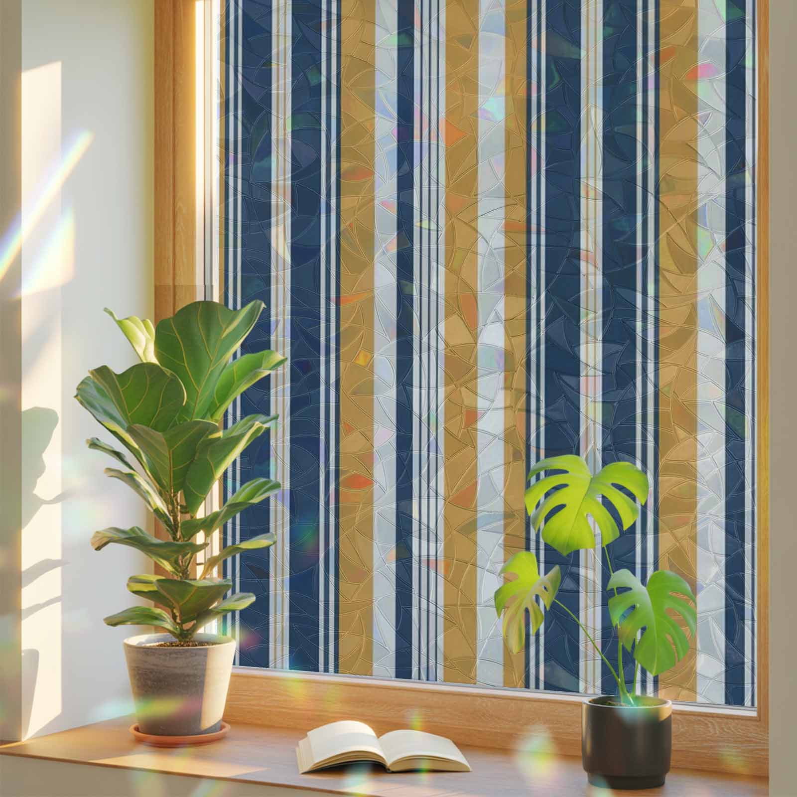 Blue Yellow Striped Window Privacy Film Rainbow Static Cling Stain ...
