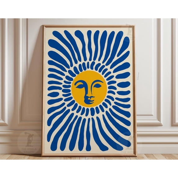 Blue Yellow Sun Retro Celestial Face Wavy Ray Wall Art Print, Unframed ...