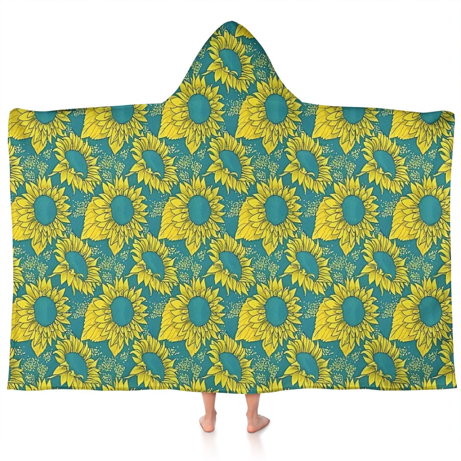 Blue Yellow Sunflower Pattern Hooded Bath Towel，60"x35" for Ages 3 To ...
