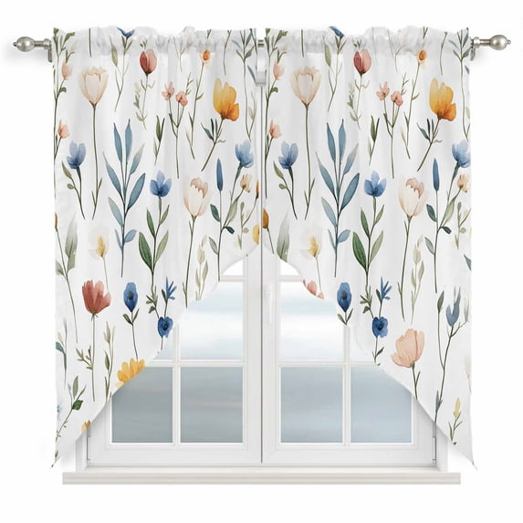 Blue Yellow Swag Curtain Valance for Window 2 Panels Pink Flower Leaves ...