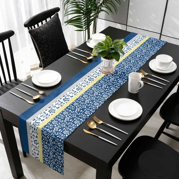 Blue Yellow Table Runner 90 Inches Long - Botanical Floral Motifs ...