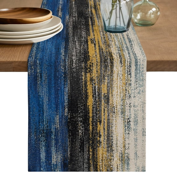 Blue Yellow Table Runner, Abstract Indigo Blue Yellow Splatter Style ...