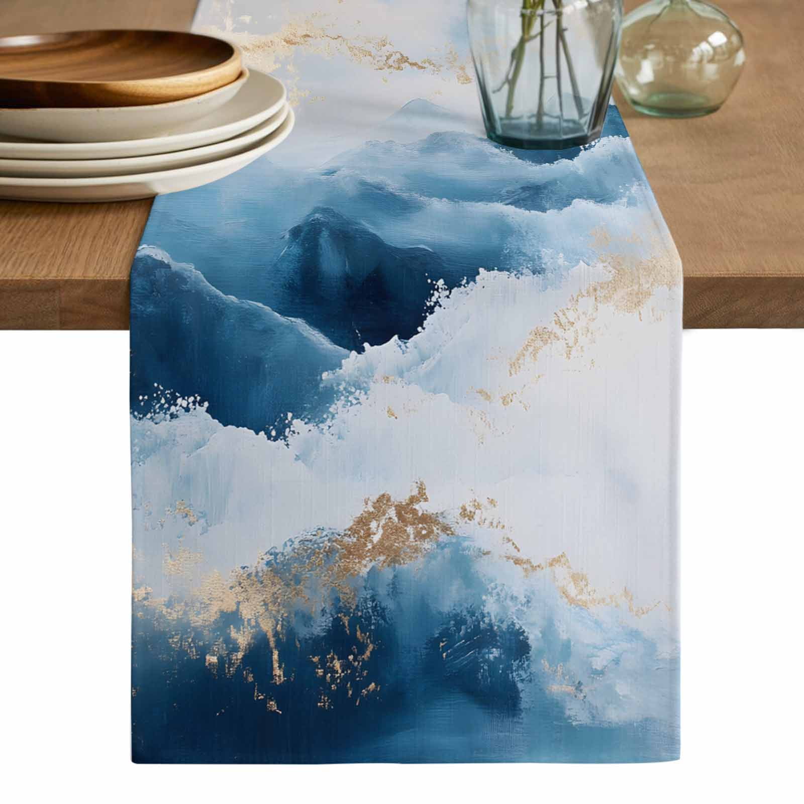 Blue Yellow Table Runner, Modern Ombre Abstract Oil Painting Washable ...